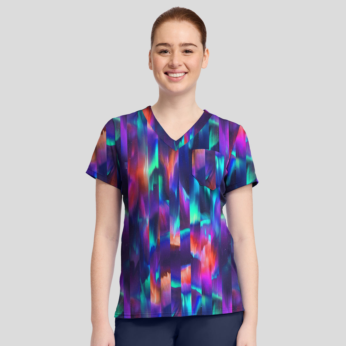 1-Pocket STRETCH V-Neck Print Scrub Top | Aurora Stripe – Robert's ...