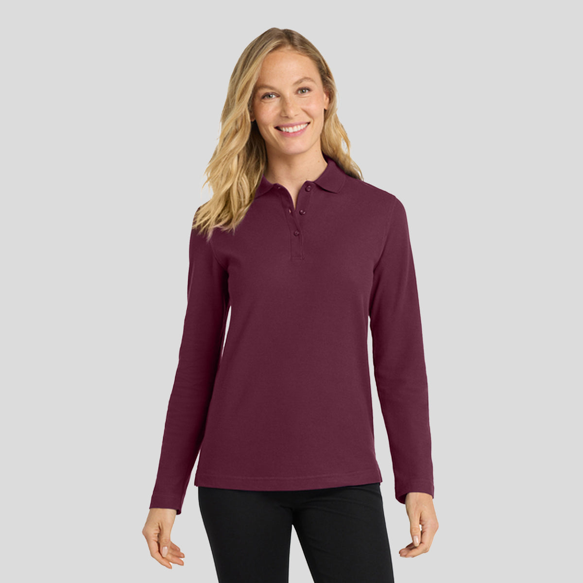 Women's Silk Touch™ Long Sleeve Polo | Burgundy – Robert's Medical Uniforms